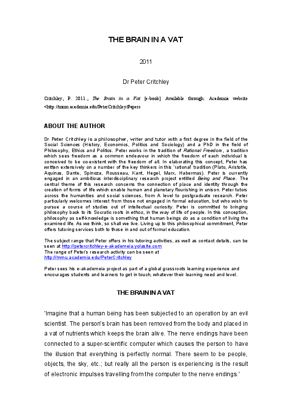 (DOC) THE BRAIN IN A VAT