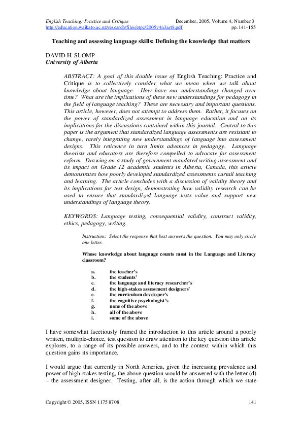 (PDF) Teaching and assessing language skills: Defining the knowledge ...