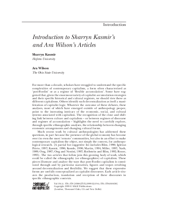 Introduction to Sharryn Kasmir's and Ara Wilson's Articles