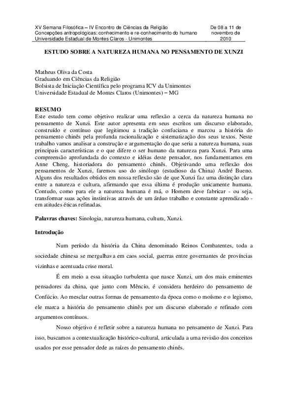 (PDF) ESTUDO SOBRE A NATUREZA HUMANA NO PENSAMENTO DE XUNZI
