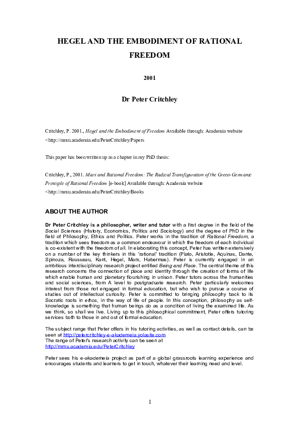 (DOC) HEGEL AND THE EMBODIMENT OF FREEDOM