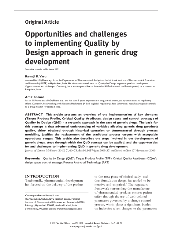 (PDF) Opportunities and Challenges to Implementing Quality by Design ...