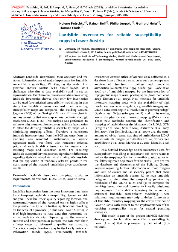 Landslide inventories for reliable susceptibility maps in Lower Austria. Petschko, H, Bell, R ...