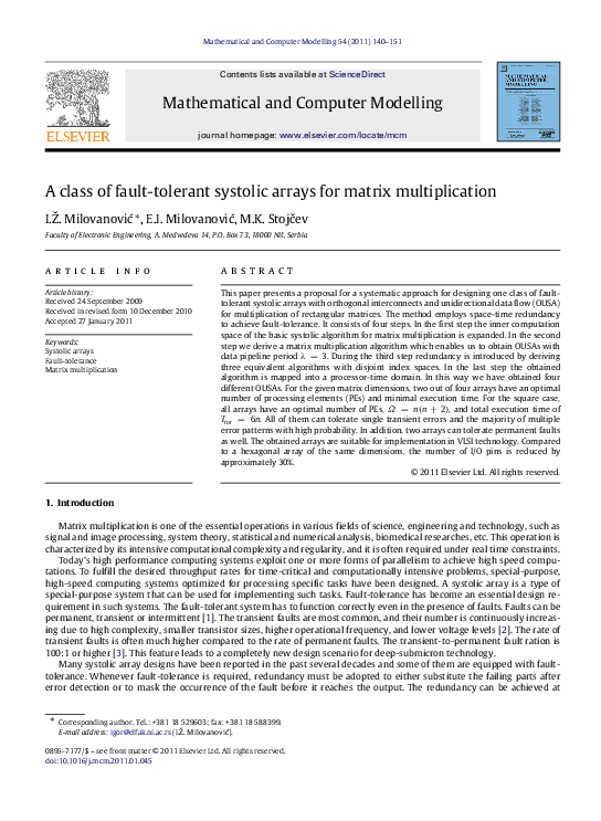 Pdf A Class Of Fault Tolerant Systolic Arrays For Matrix Multiplication