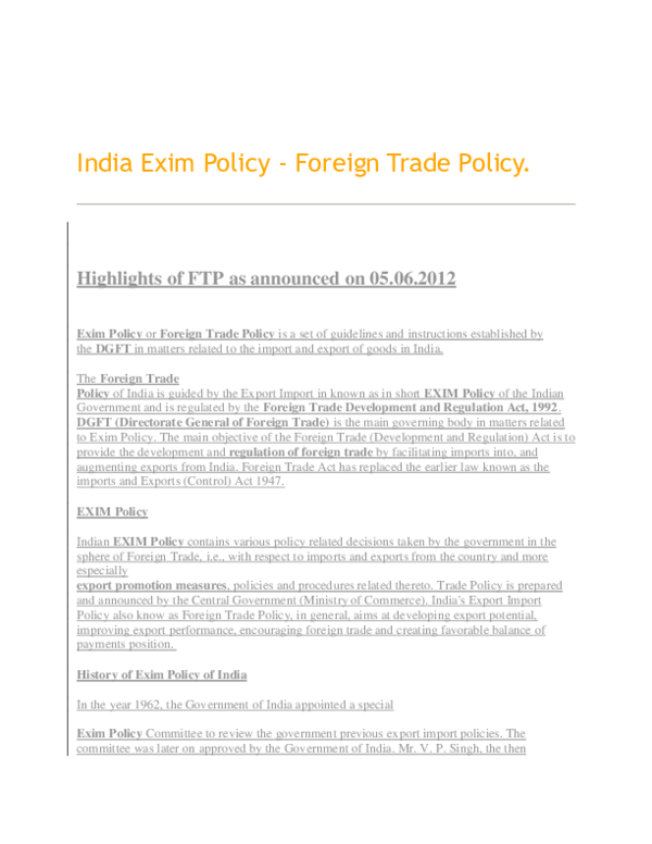 (DOC) India Exim Policy -Foreign Trade Policy