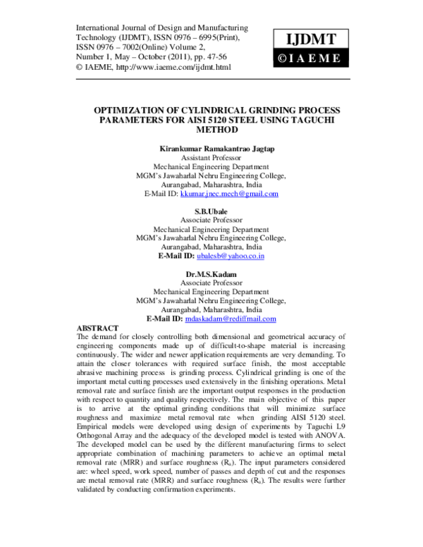 (PDF) OPTIMIZATION OF CYLINDRICAL GRINDING PROCESS PARAMETERS FOR AISI 5120 STEEL USING TAGUCHI ...