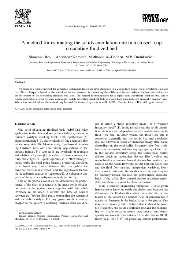 (PDF) A method for estimating the solids circulation rate in a closed-loop circulating fluidized bed