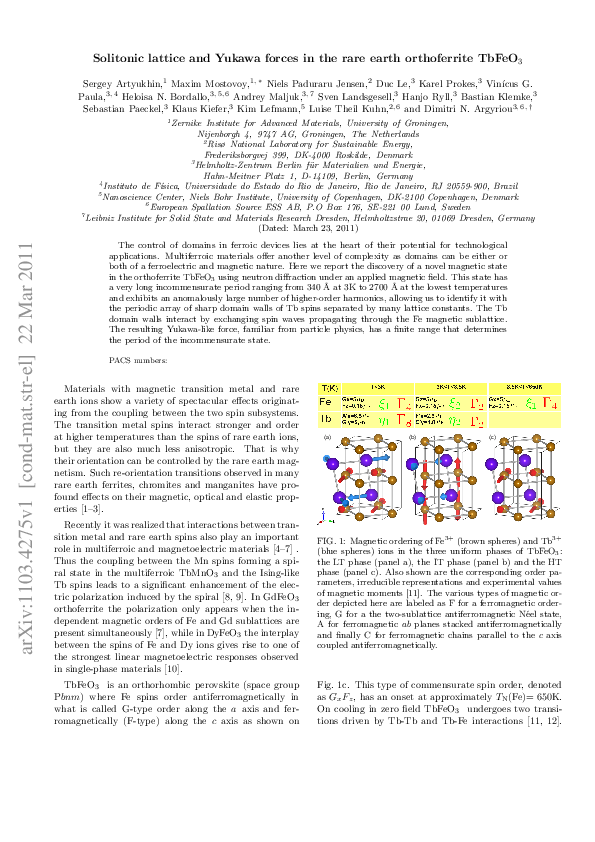 (PDF) Solitonic lattice and Yukawa forces in the rare earth orthoferrite TbFeO3