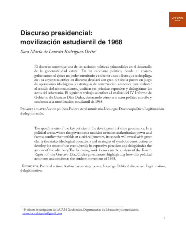 (PDF) Discurso presidencial: movilización estudiantil de 1968