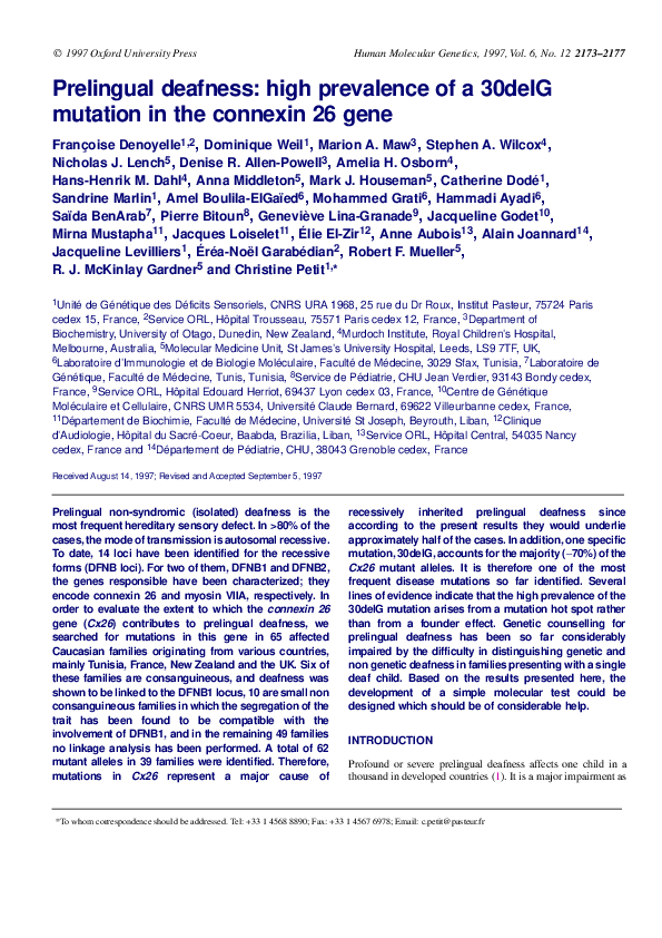 (PDF) Prelingual deafness: high prevalence of a 30delG mutation in the ...