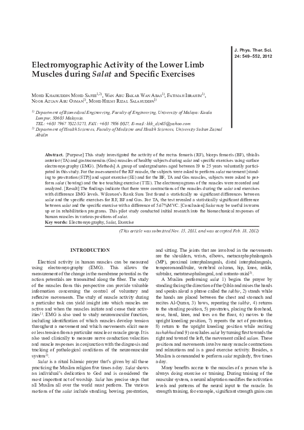 (PDF) Electromyographic Activity of the Lower Limb Muscles during Salat and Specific Exercises