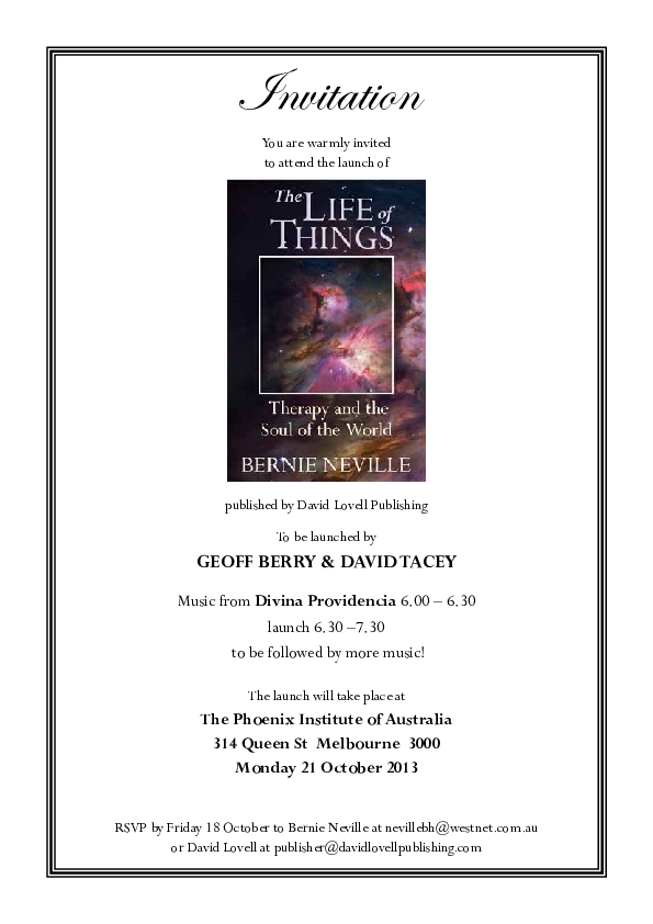 (PDF) Book Launch for Bernie Neville's The Life of Things, which links ...