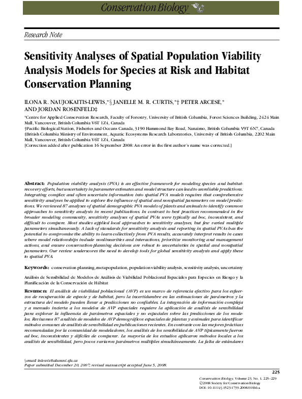 (PDF) Sensitivity Analyses of Spatial Population Viability Analysis Models for Species at Risk ...