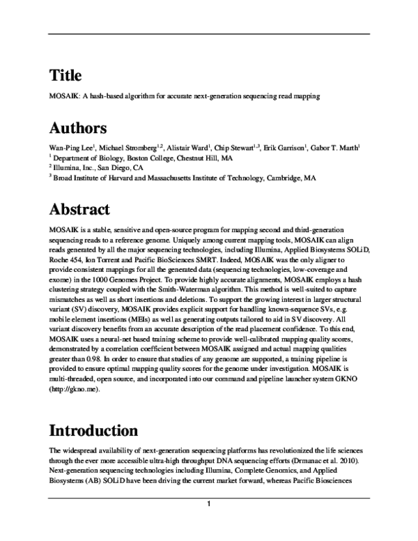 Pdf Mosaik A Hash Based Algorithm For Accurate Next Generation Sequencing Read Mapping