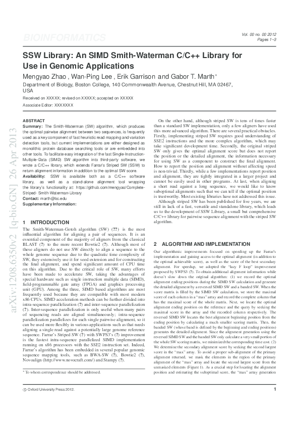(PDF) SSW Library: An SIMD Smith-Waterman C/C++ Library for Use in Genomic Applications