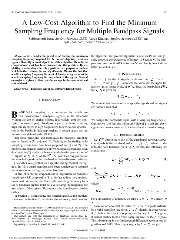 Pdf A Low Cost Algorithm To Find The Minimum Sampling Frequency For