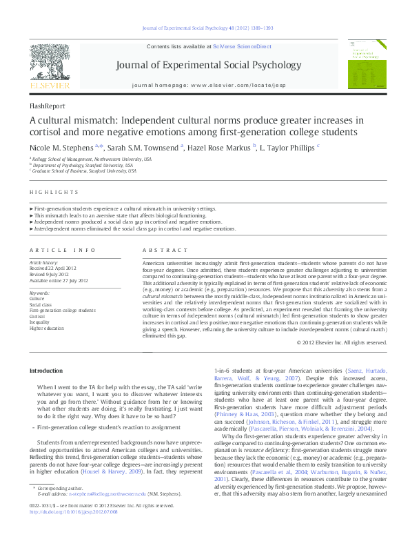(PDF) A cultural mismatch: Independent cultural norms produce greater ...