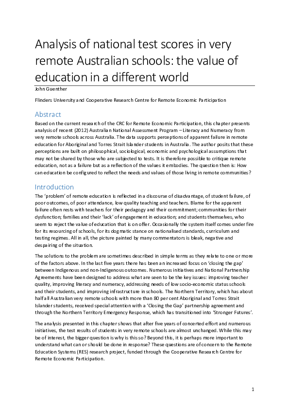Analysis of national test scores in very remote Australian schools: the ...
