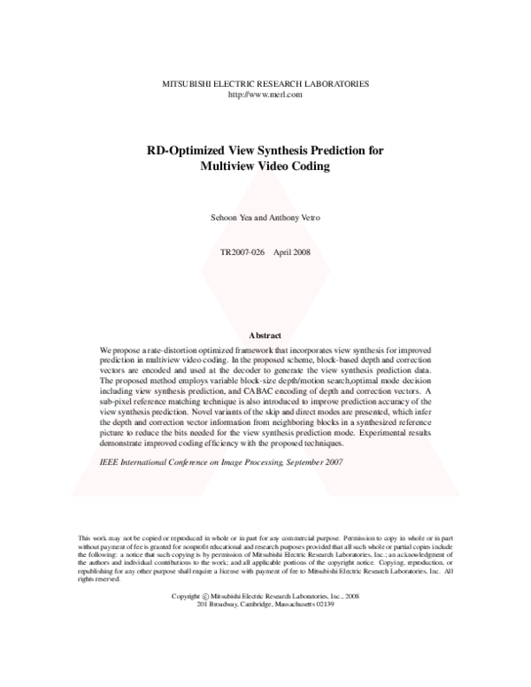 Pdf Rd Optimized View Synthesis Prediction For Multiview Video Coding