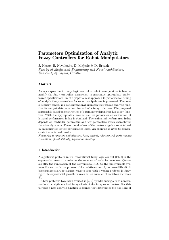 (PDF) Parameters Optimization of Analytic Fuzzy Controllers for Robot Manipulators