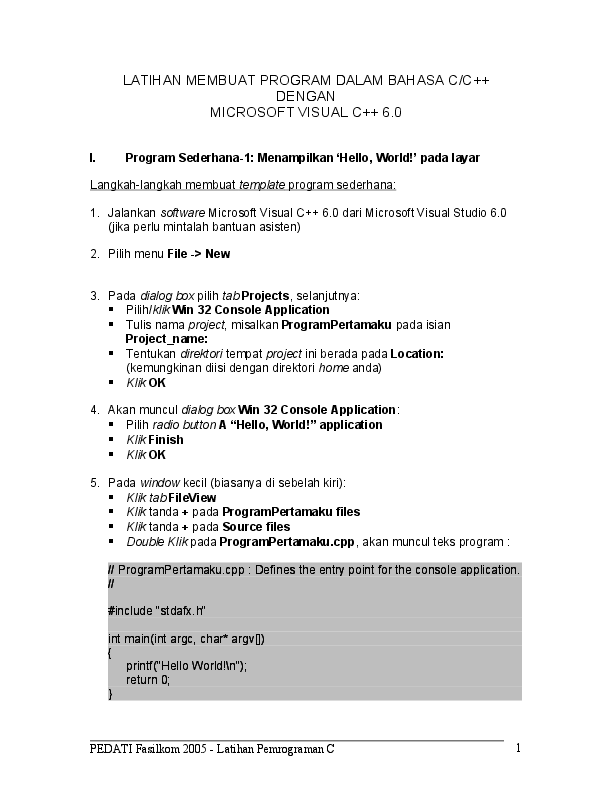 (DOC) LATIHAN MEMBUAT PROGRAM DALAM BAHASA C/C++ DENGAN MICROSOFT ...