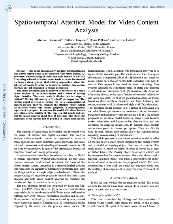 (PDF) Spatio-temporal attention model for video content analysis