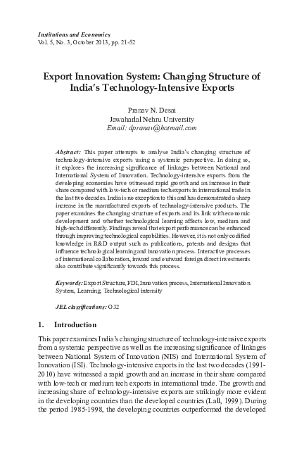 (PDF) Export Innovation System: Changing Structure of India's ...