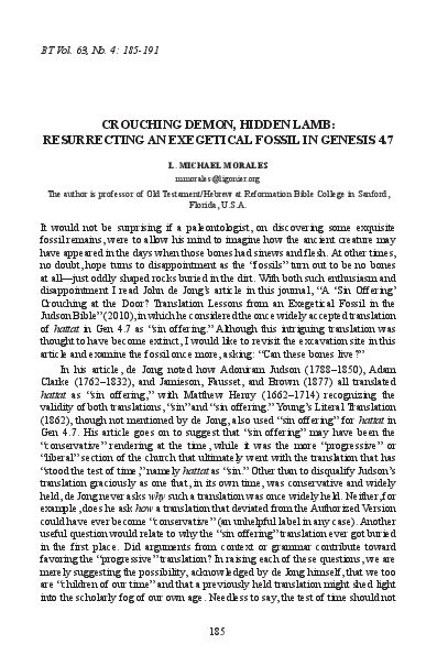 (PDF) Crouching Demon, Hidden Lamb: Gen. 4:7