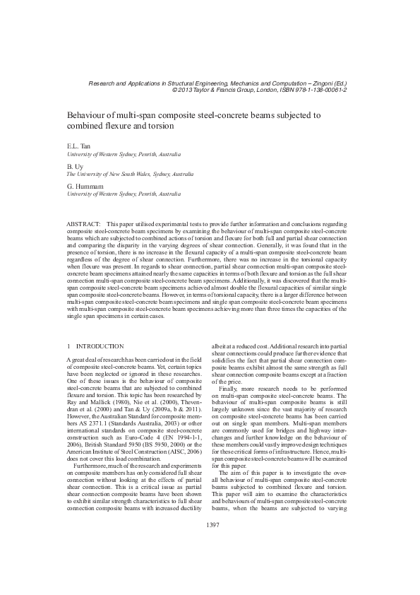 Behaviour Of Multi Span Composite Steel Concrete Beams Subjected To Combined Flexure And Torsion