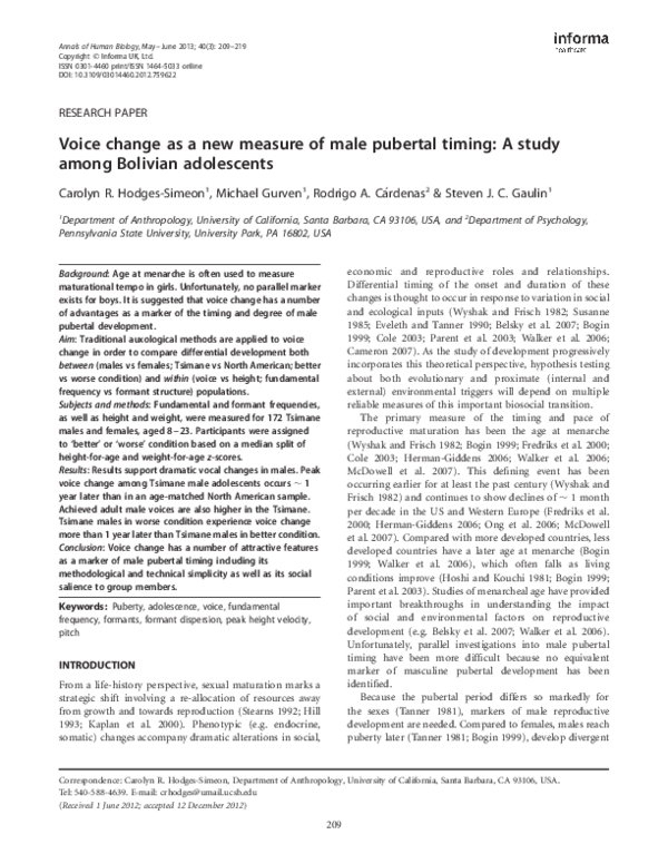 (PDF) Voice change as an ew measure of male pubertal timing: Astudy ...