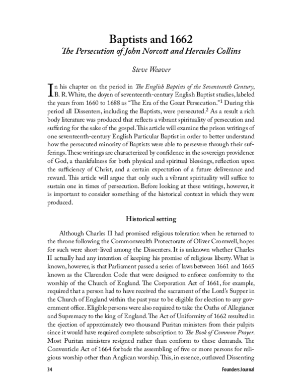 (PDF) "Baptists and 1662: The Persecution of John Norcott and Hercules ...