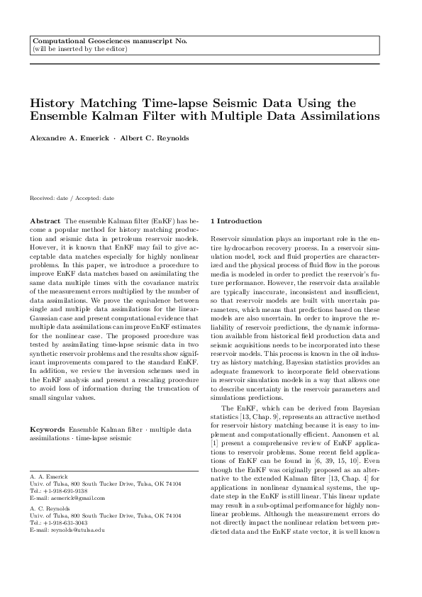 Pdf History Matching Time Lapse Seismic Data Using The Ensemble Kalman Filter With Multiple