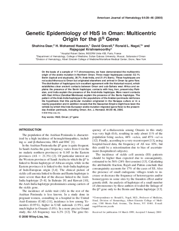 Daar S, Hussain HM, Gravell D, Nagel RL, Krishnamoorthy R. Genetic ...