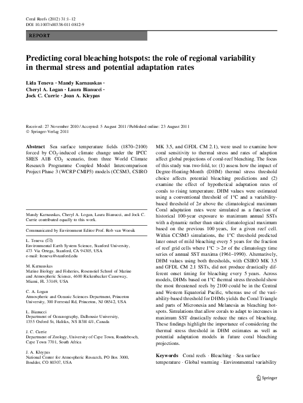(PDF) 2012: Predicting coral bleaching hotspots: the role of regional ...