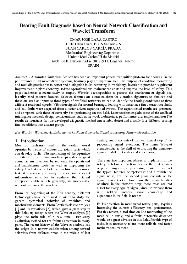 Pdf Bearing Fault Diagnosis Based On Neural Network Classification And Wavelet Transform