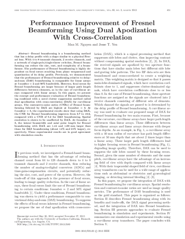 Pdf Performance Improvement Of Fresnel Beamforming Using Dual Apodization With Cross Correlation