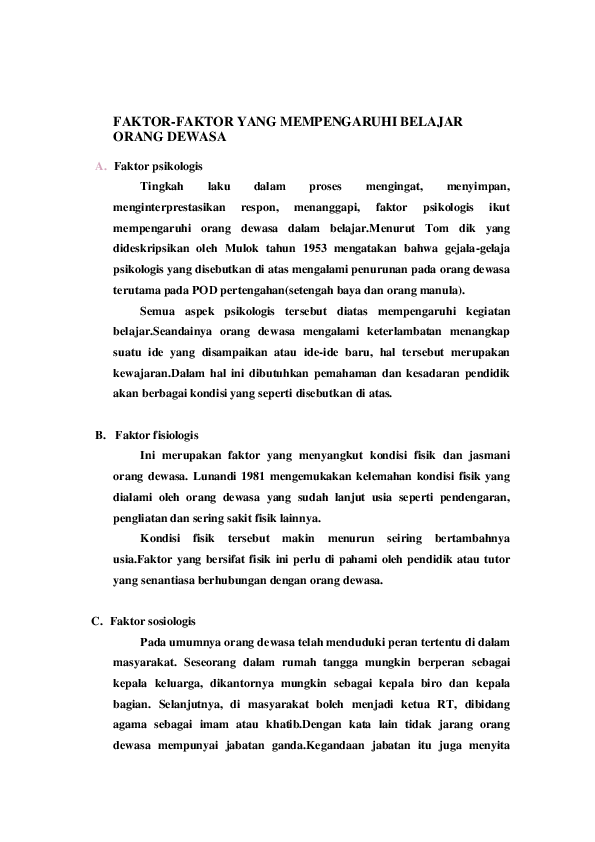 (DOC) FAKTOR-FAKTOR YANG MEMPENGARUHI BELAJAR ORANG DEWASA A