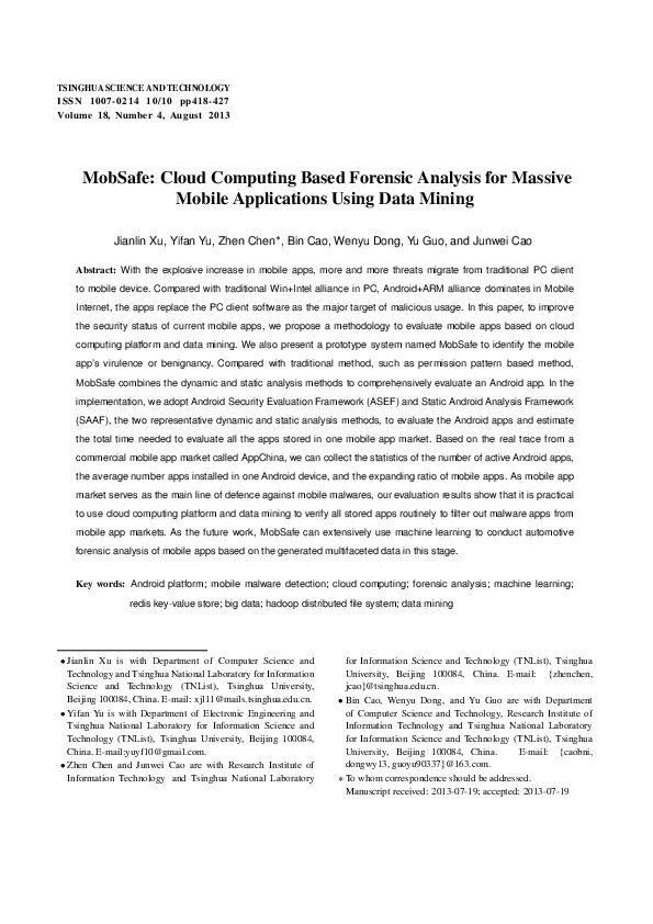 (PDF) MobSafe: cloud computing based forensic analysis for massive mobile applications using ...