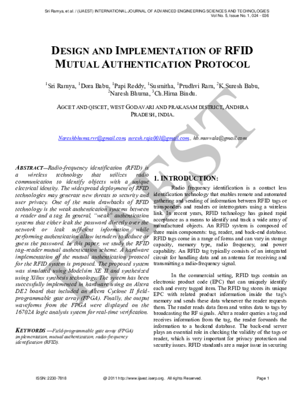 Pdf Design And Implementation Of Rfid Mutual Authentication Protocol 1