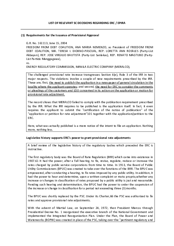 (DOC) LIST OF RELEVANT SC DECISIONS REGARDING ERC / EPIRA 1 ...