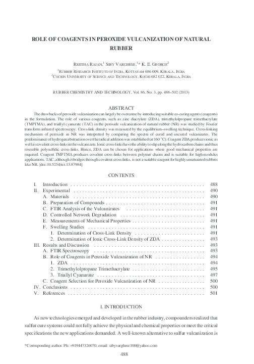 (PDF) ROLE OF COAGENTS IN PEROXIDE VULCANIZATION OF NATURAL RUBBER
