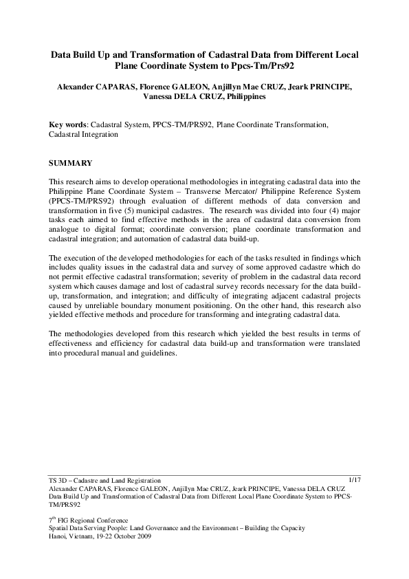 (PDF) Data Build Up and Transformation of Cadastral Data from Different Local Plane Coordinate ...