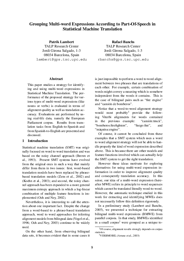 Pdf Grouping Multi Word Expressions According To Part Of Speech In Statistical Machine Translation