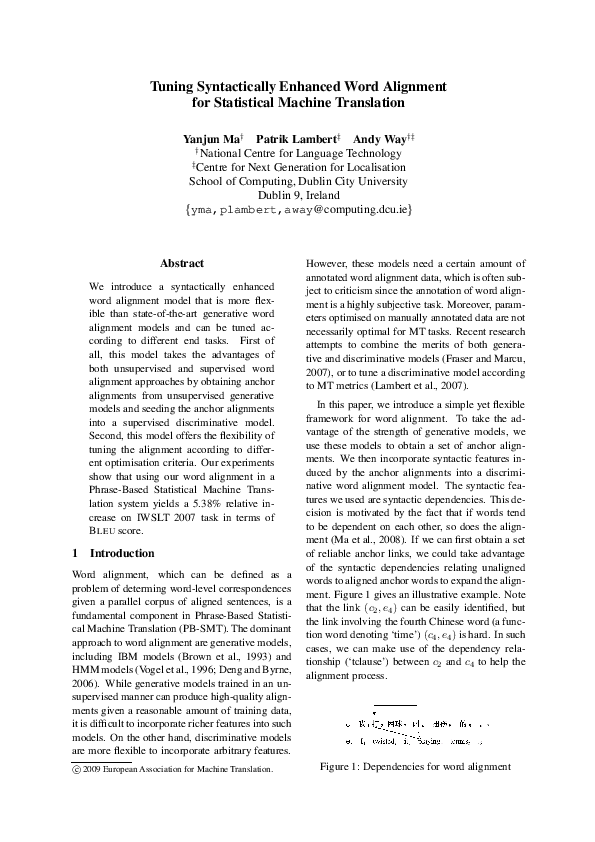 (PDF) Tuning Syntactically Enhanced Word Alignment for Statistical Machine Translation