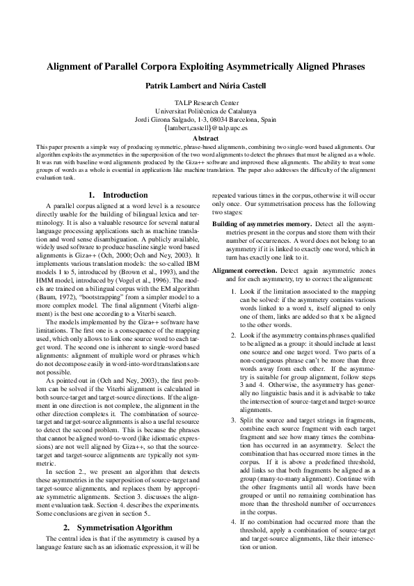 Pdf Alignment Of Parallel Corpora Exploiting Asymmetrically Aligned