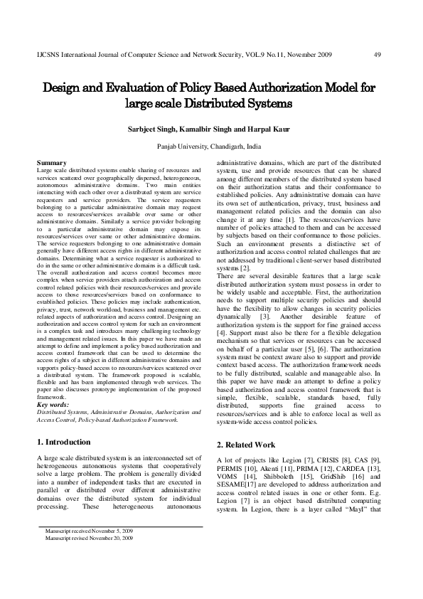 (PDF) Design and Evaluation of Policy Based Authorization Model for large scale Distributed Systems