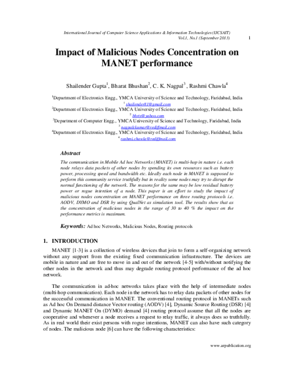 Pdf Impact Of Malicious Nodes Concentration On Manet Performance