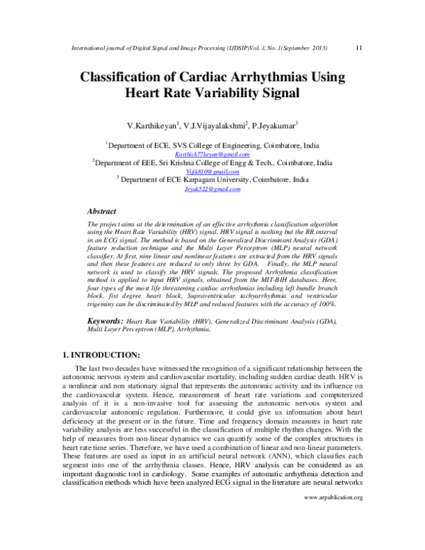 (PDF) Classification of Cardiac Arrhythmias Using Heart Rate Variability Signal