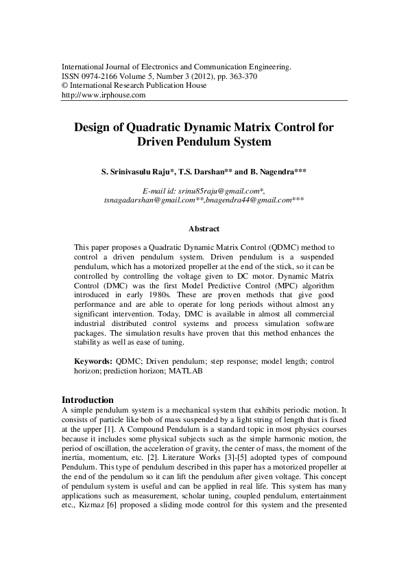 (PDF) Design of Quadratic Dynamic Matrix Control for Driven Pendulum System