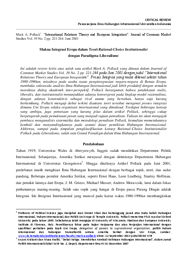 (PDF) Makna Integrasi Eropa dalam Teori Rational-Choice Institutionalist